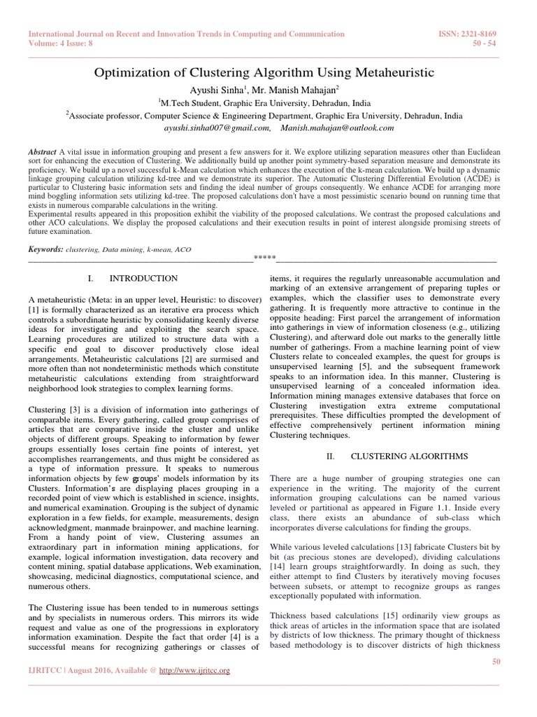 Optimization of Clustering Algorithm Using Metaheuristic: Ayushi Sinha, Mr. Manish Mahajan | PDF ...
