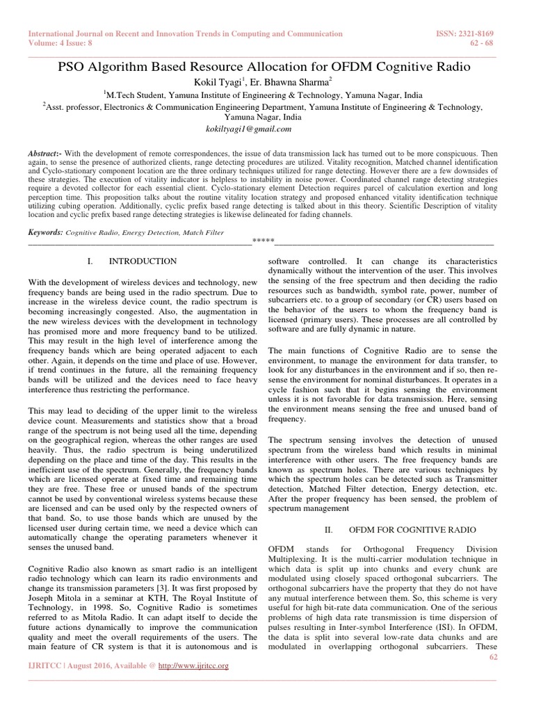 PSO Algorithm Based Resource Allocation For OFDM Cognitive Radio | PDF