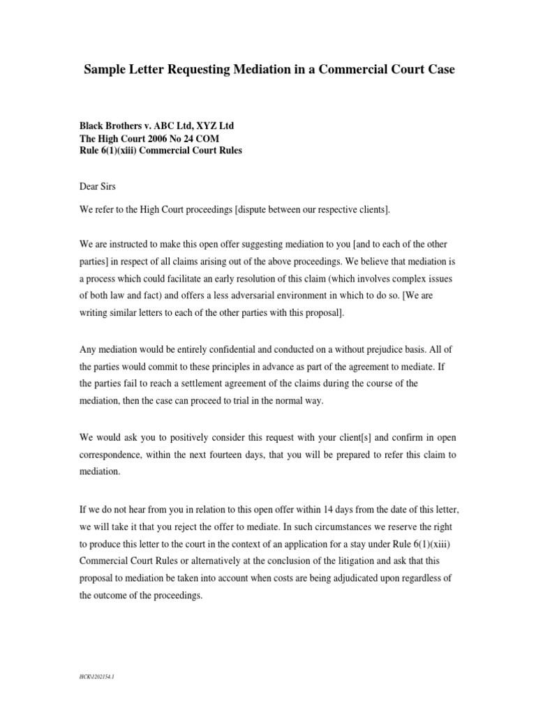 Sample Letter Requesting Mediation in A Commercial Court Case ...