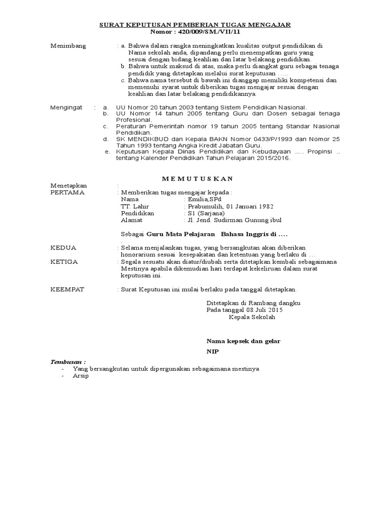 Contoh Sk Penugasan Dari Yayasan - Wulan Tugas