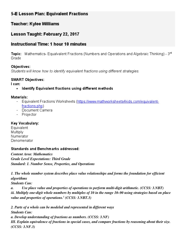 3rd Grade Lesson Plan: Equivalent Fractions | PDF | Fraction ...