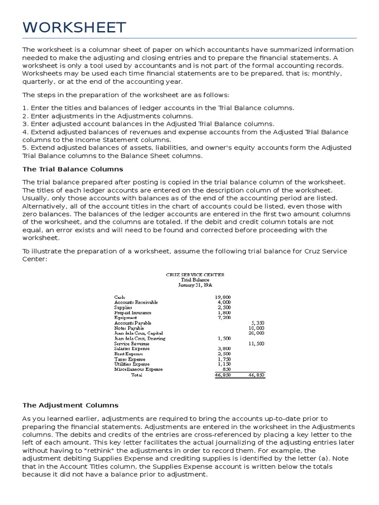 Worksheet | Debits And Credits | Balance Sheet