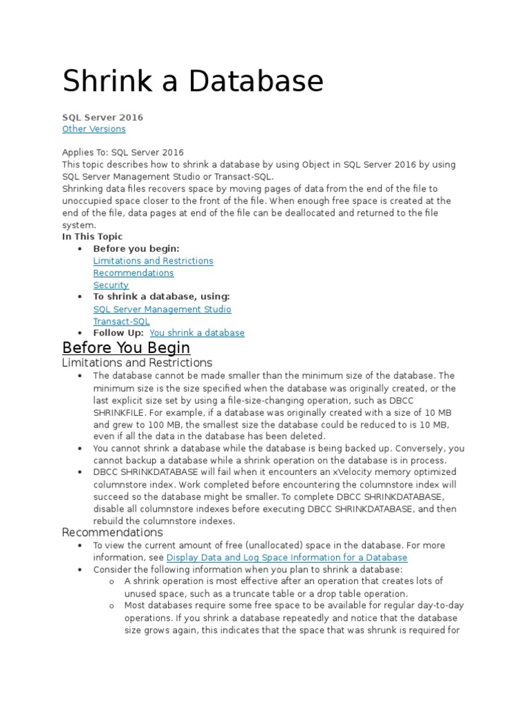 Shrink A Database: Before You Begin | PDF | Database Index | Databases