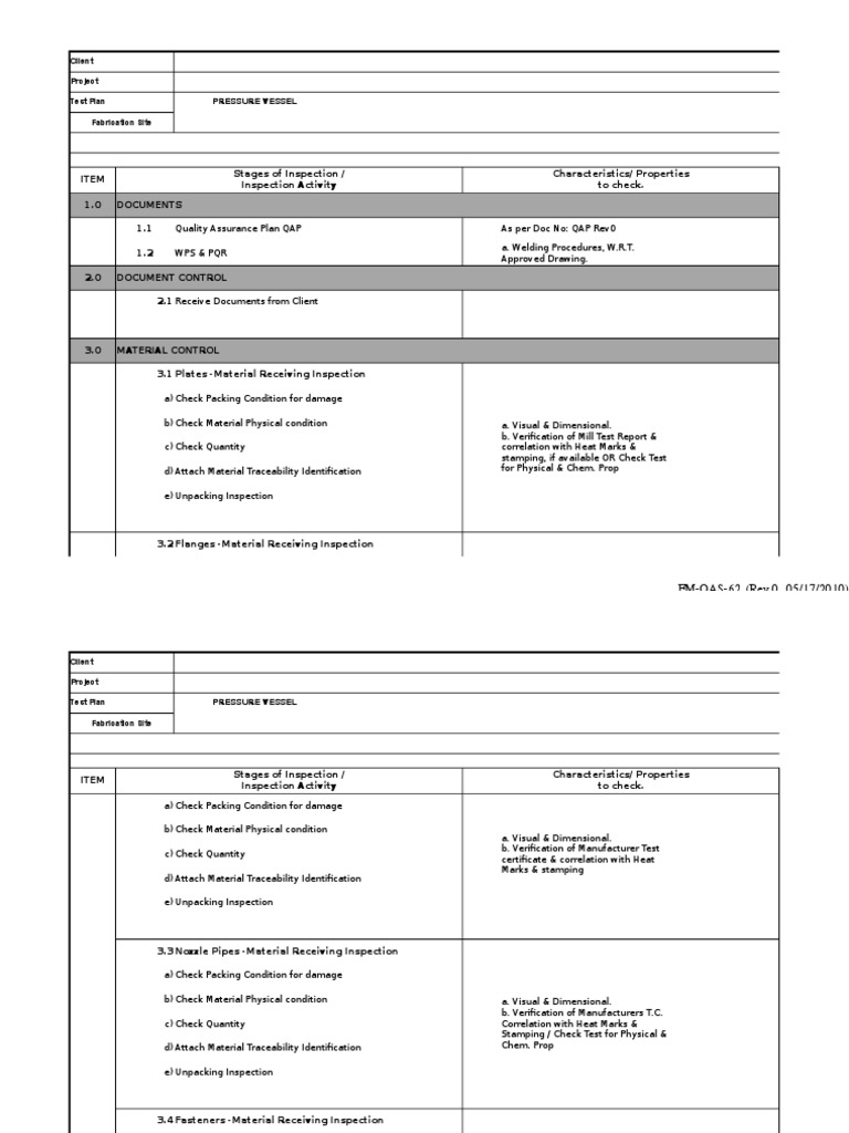 Pressure Vessel ITP Rev 0 | PDF | Specification (Technical Standard ...
