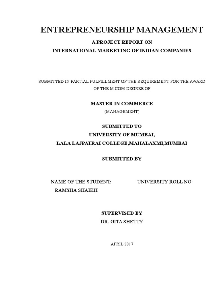 Entrepreneurship Management: A Project Report On International ...
