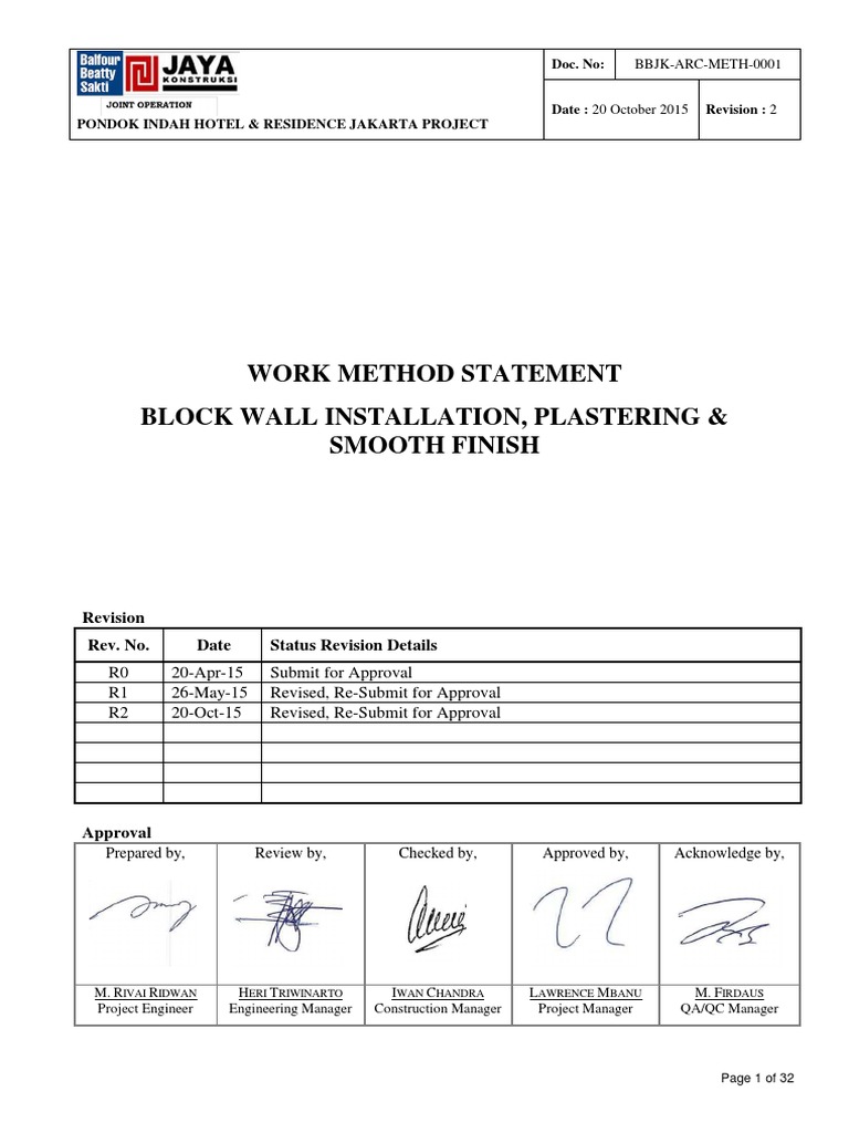 Work Method Statement - Block Wall Installation, Plastering & Smooth Finish (R2) | PDF
