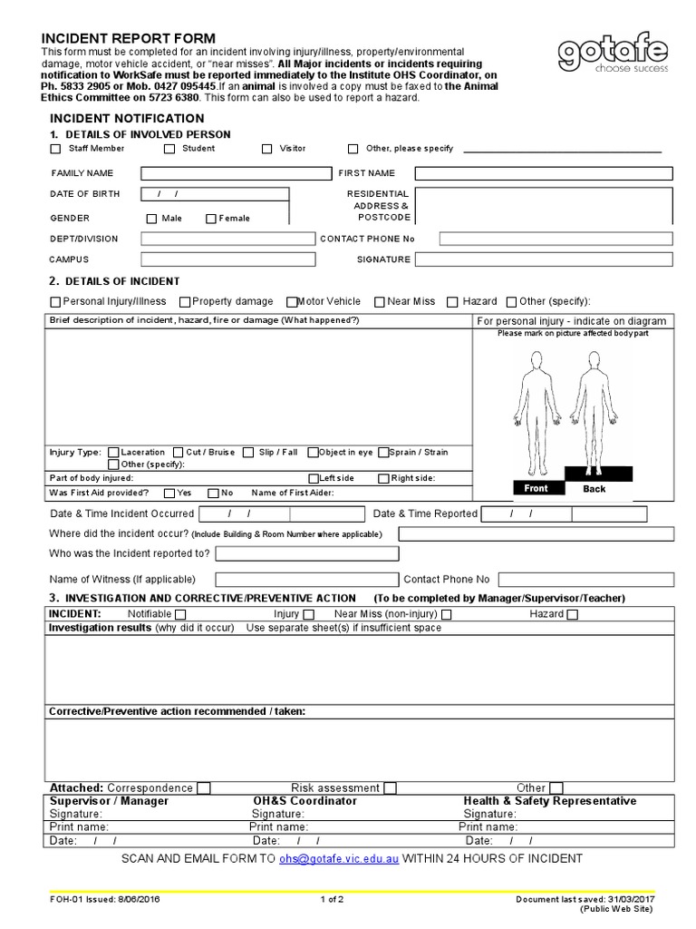 Incident Report Form | Occupational Safety And Health | Safety