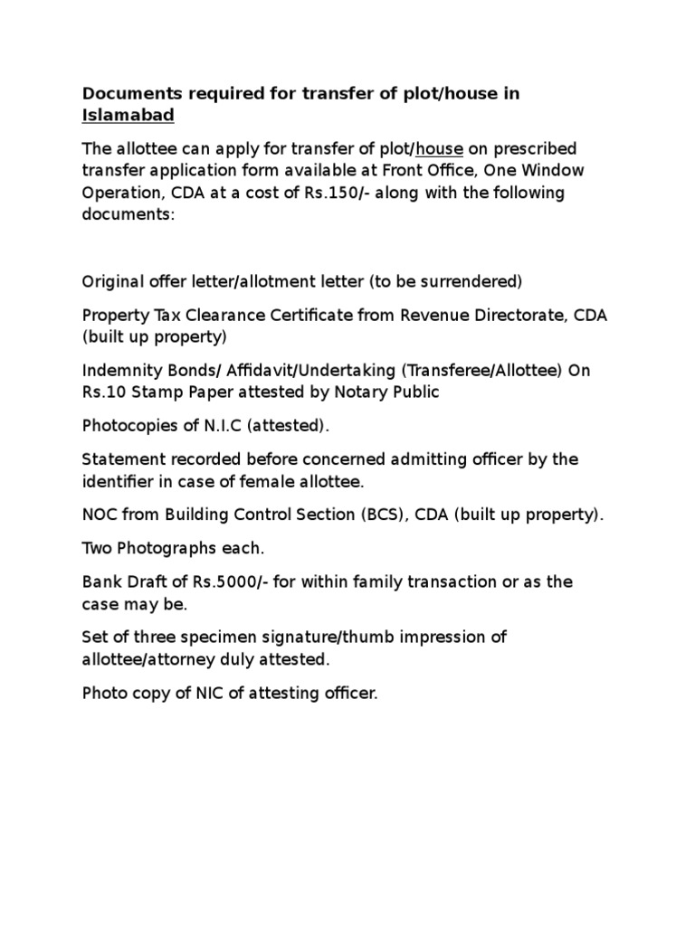 Documents Required For Transfer of Plot/house in Islamabad | PDF ...