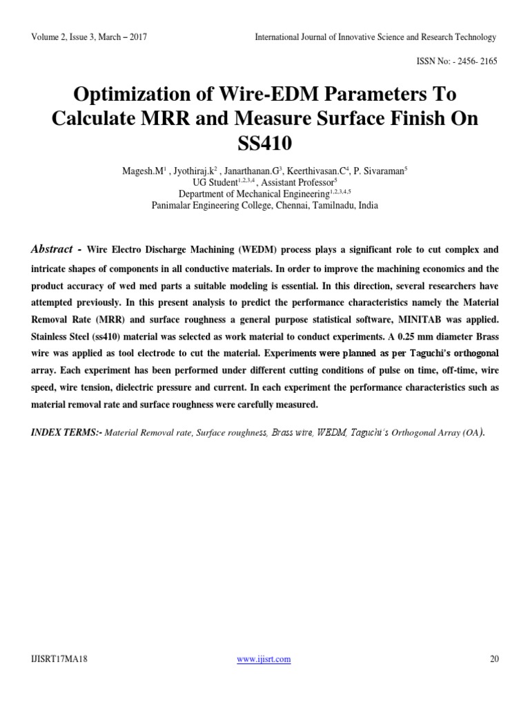 Optimization of Wire-EDM Parameters To Calculate MRR and Measure ... Optimization of Wire-EDM Parameters To Calculate MRR and Measure ...