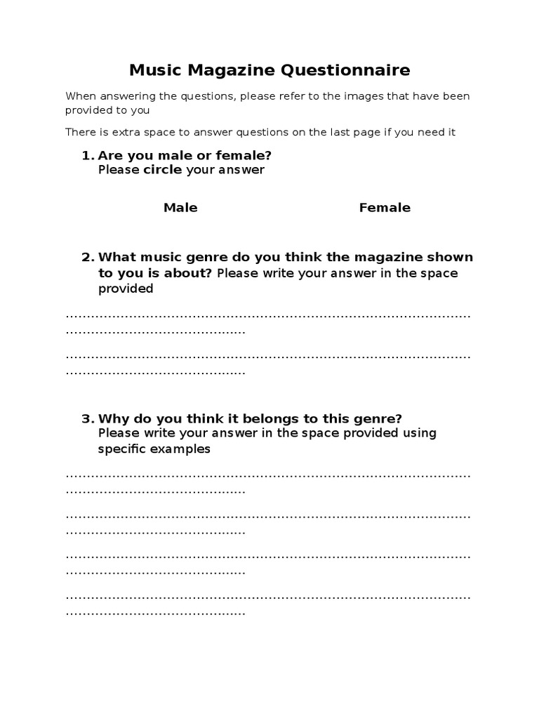 Music Magazine Questionnaire: 1. Are You Male or Female? | PDF