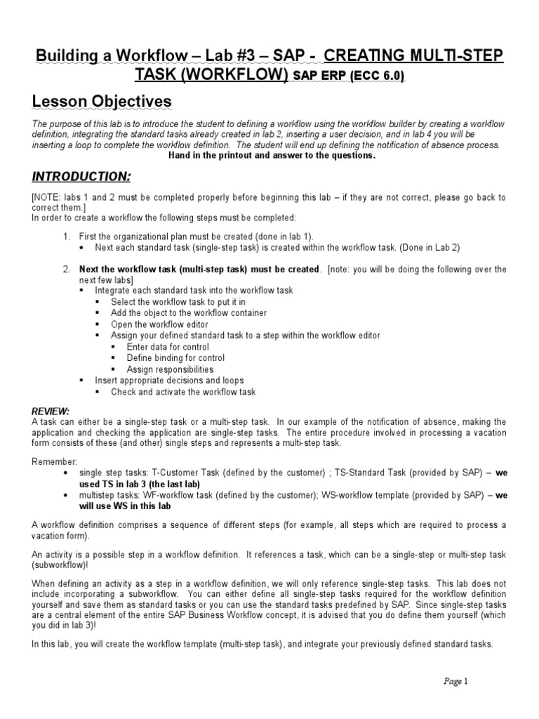 Building A Workflow - Lab #3 - SAP - CREATING MULTI-STEP Task (Workflow) Lesson Objectives | PDF ...