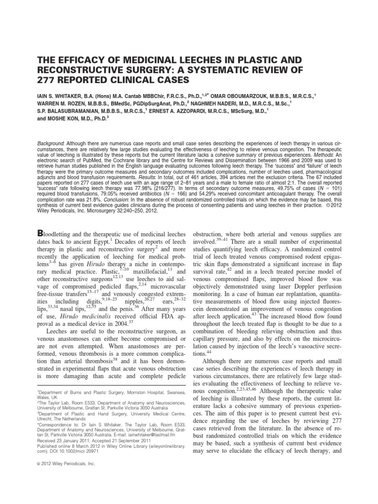 The Efficacy of Medicinal Leeches in Plastic and Reconstructive Surgery ...
