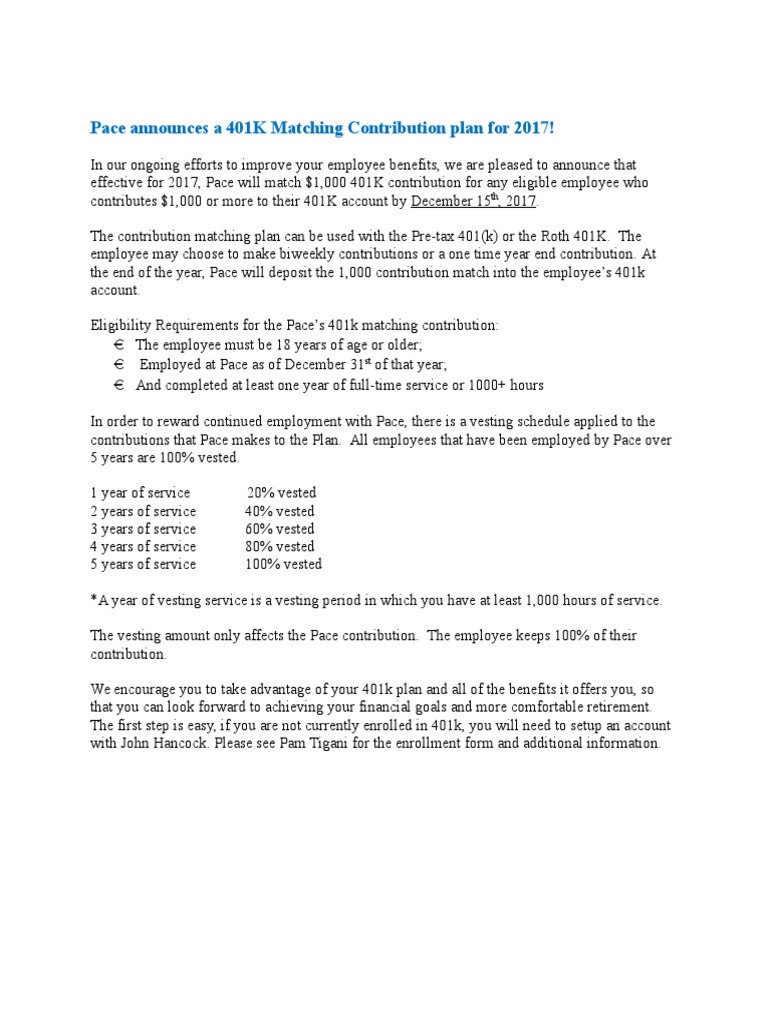 Pace 401K Matching Contribution 2017 | PDF | Business