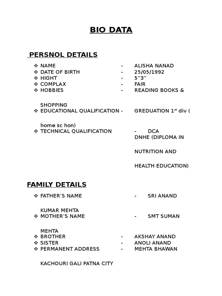 Bio Data: Persnol Details | PDF