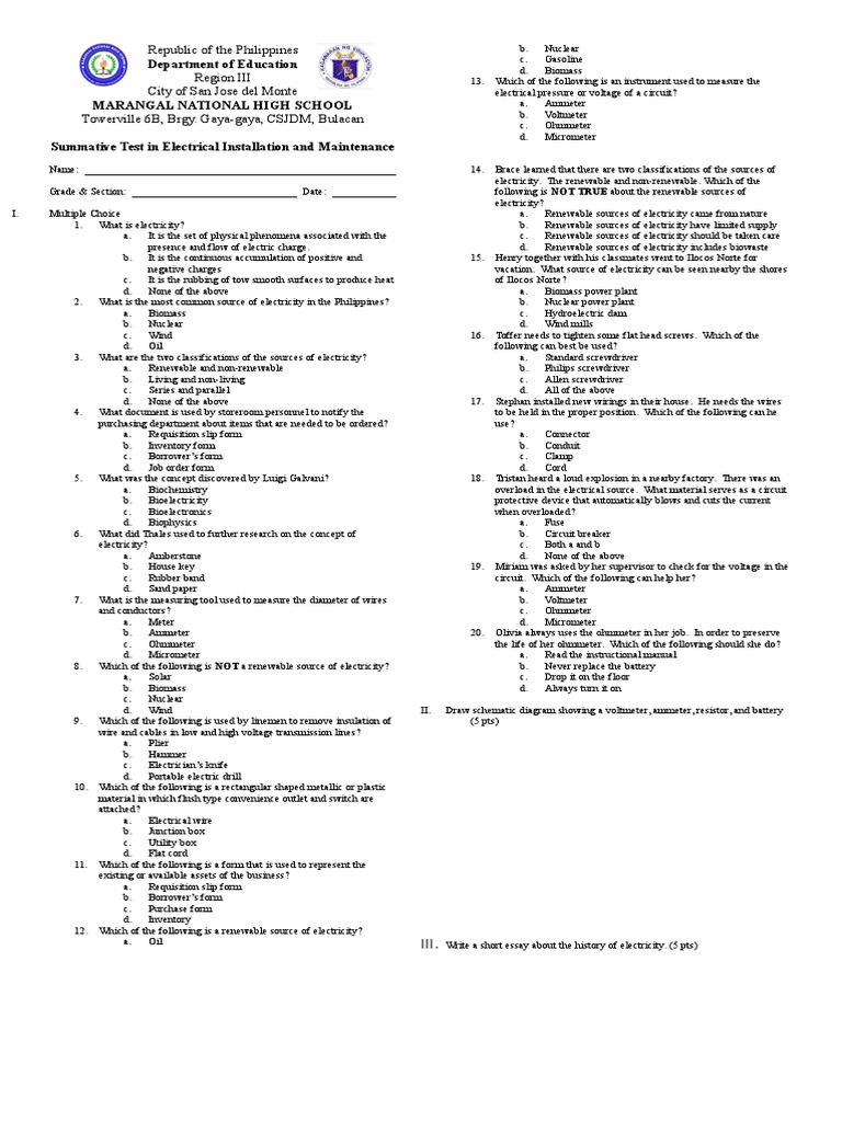 1st Summative Test EIM | PDF | Electricity | Voltage