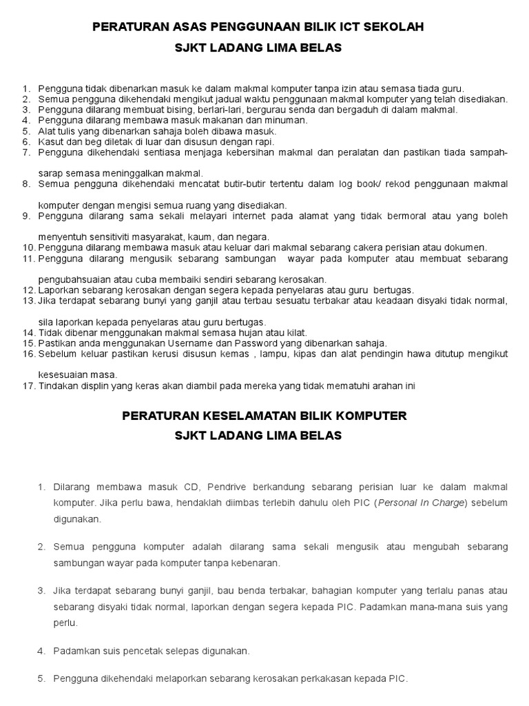 Peraturan Asas Penggunaan Bilik ICT Sekolah | PDF