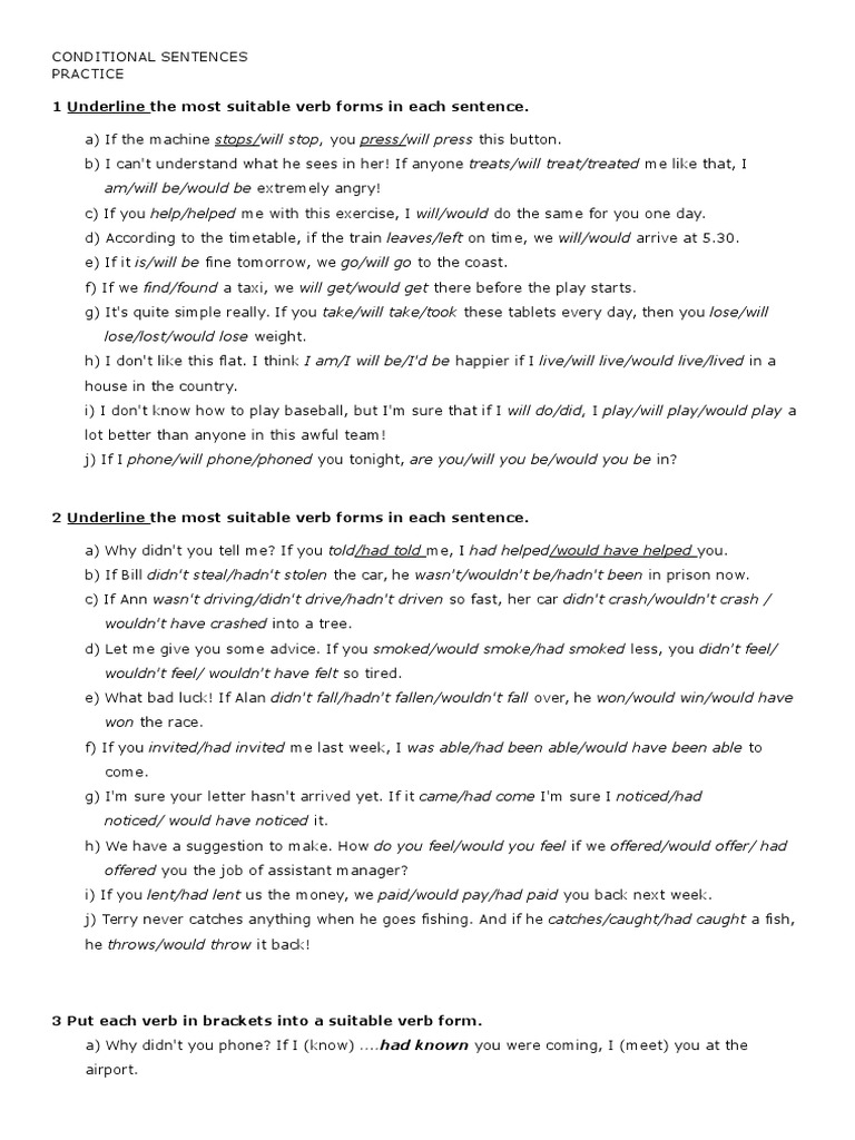 Conditional Sentences Practice: Underlining Verb Forms and Rewriting Sentences | PDF