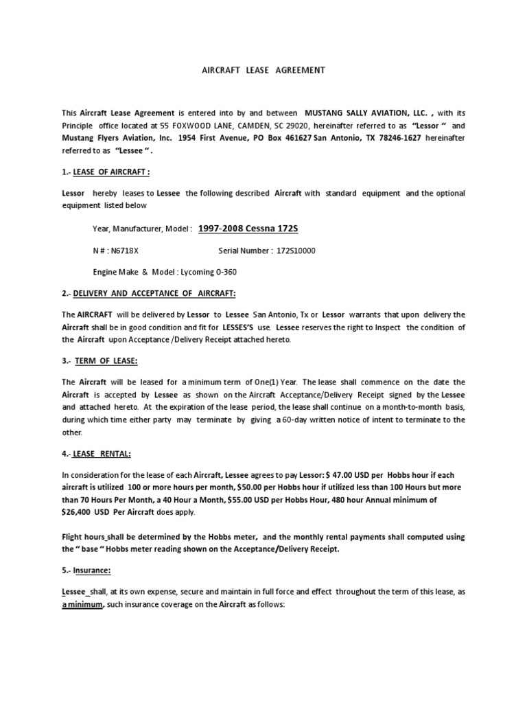 Aircraft Lease Sample | PDF | Lease | Deductible