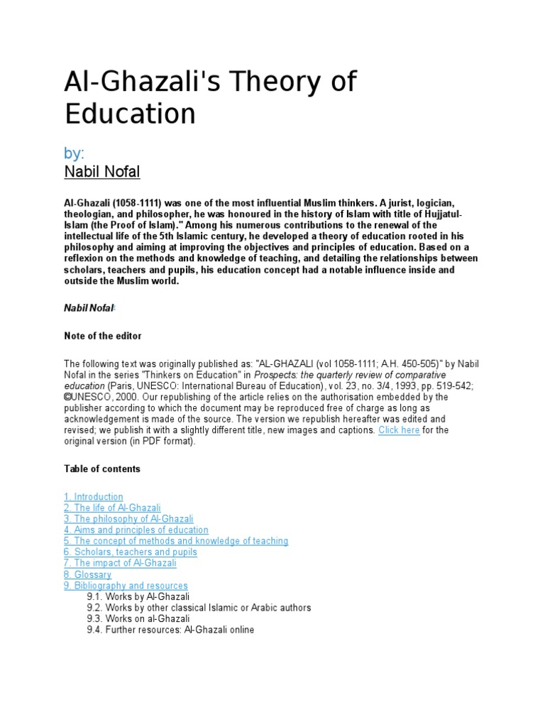 Al-Ghazali's Theory of Education | PDF | Sufism | Islamic Philosophy