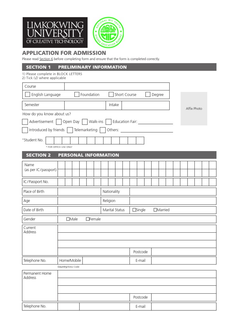 Application For Admission To Limkokwing University of Creative ...
