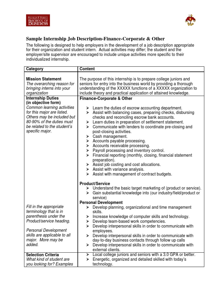 Finance Internship Job Description Sample | PDF | Internship | Job Hunting