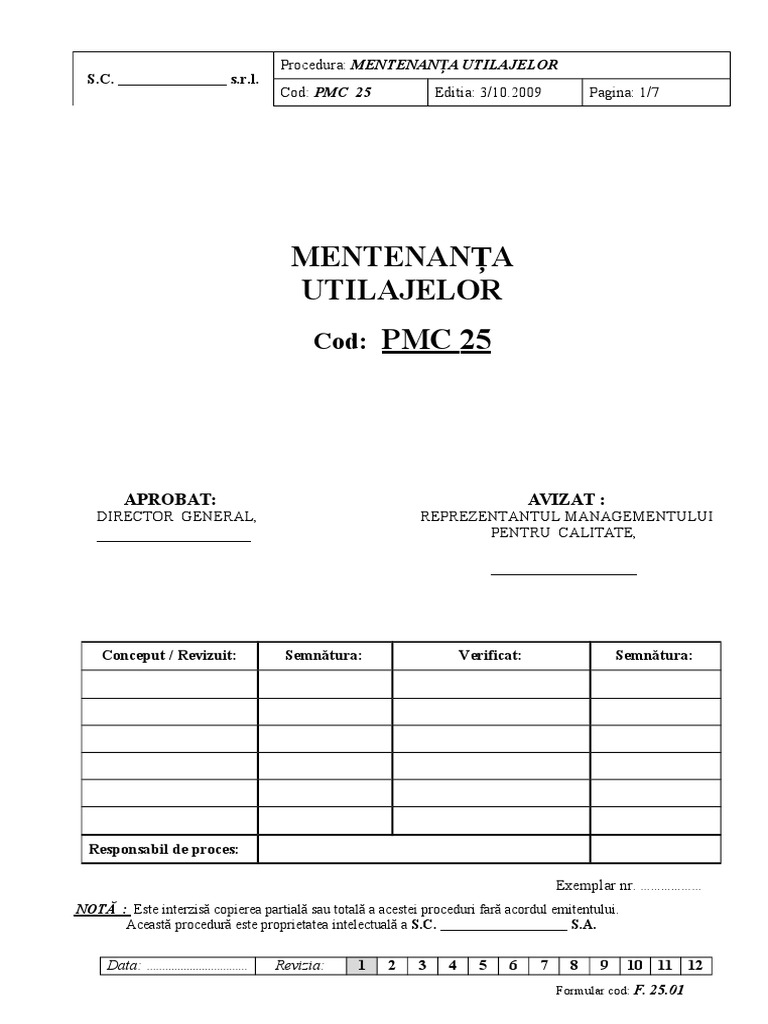 Procedura Mentenanta Utilajelor | PDF
