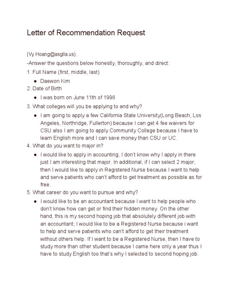Letter of Recommendation Request: (Vy - Hoang@asglla - Us) | PDF