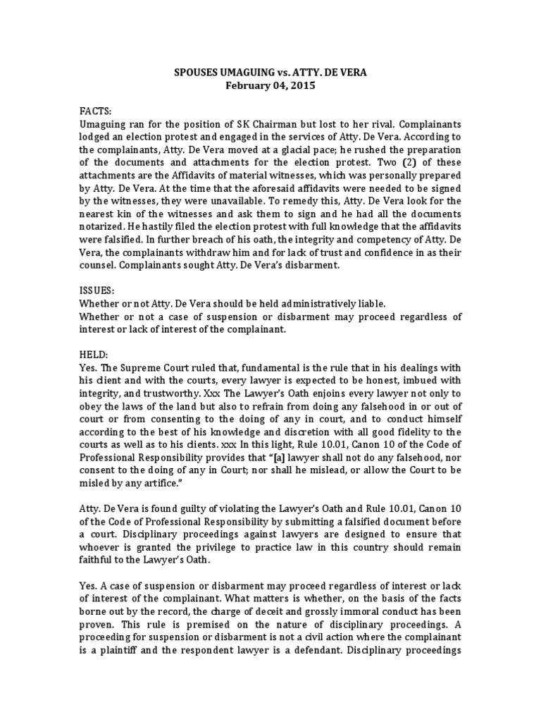 Spouses Umaguing Vs Atty de Vera | PDF | Lawyer | Affidavit