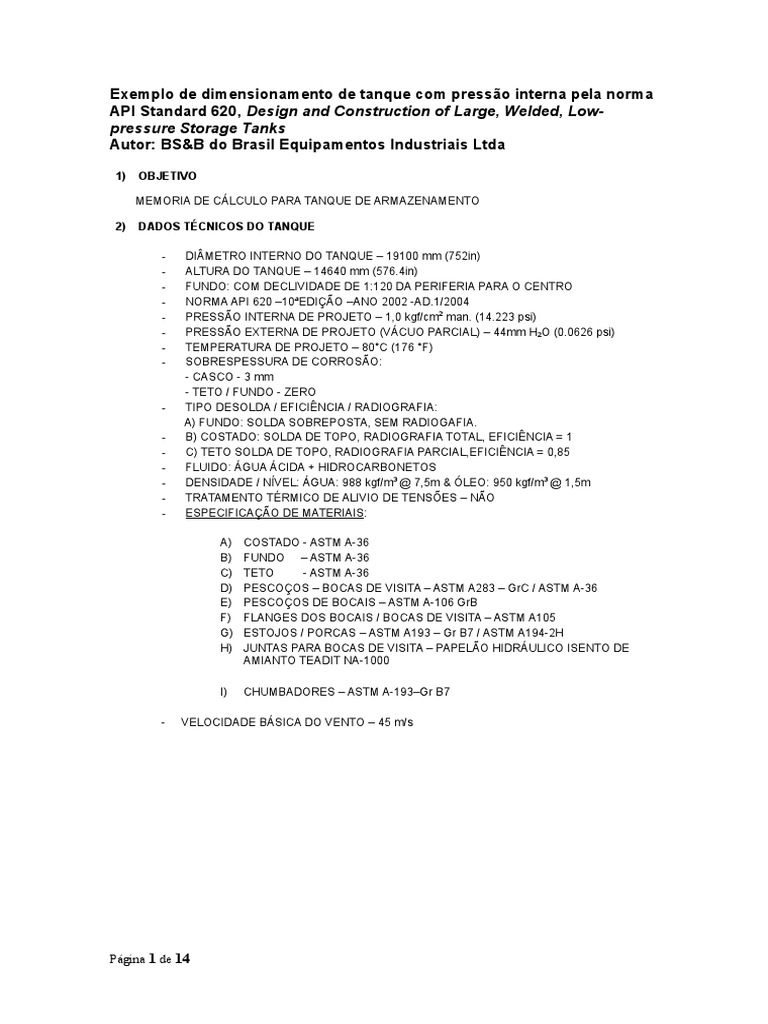 Exemplo Dimensionamento Tanque Pressão Interna Norma API Standard 620 | PDF