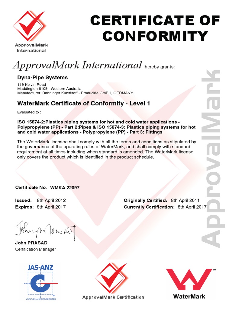Watermark Australien ApprovalMark PP-R Pipes&Fittings ISO15874 Bis 08 ...