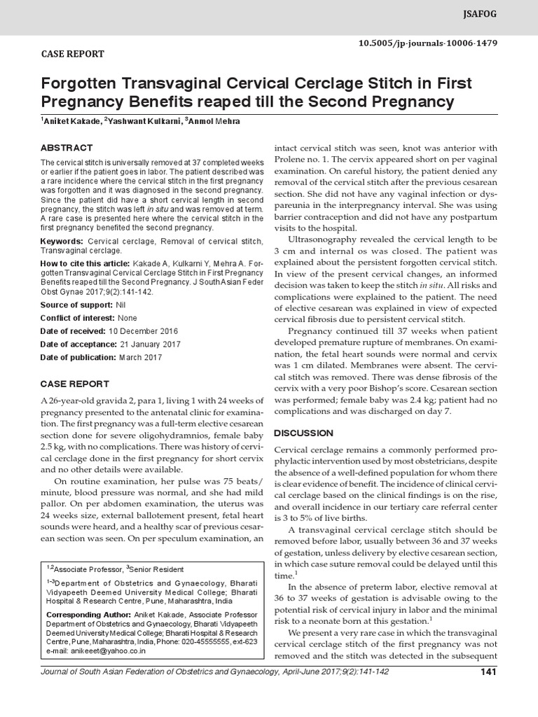 Forgotten Transvaginal Cervical Cerclage Stitch in First Pregnancy ...