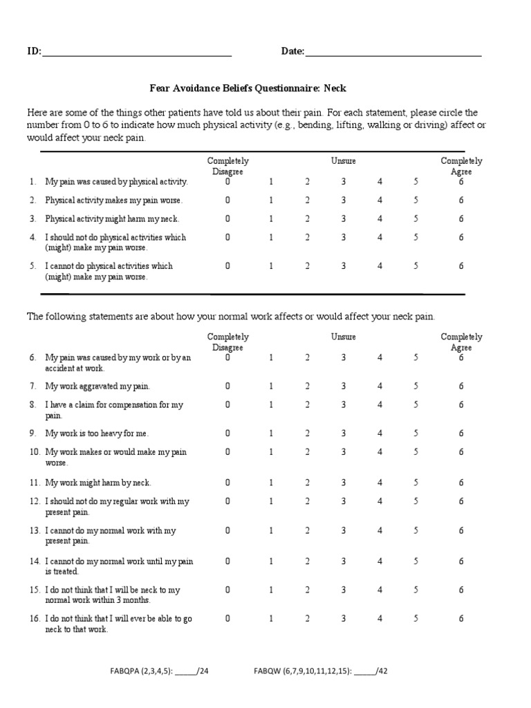 FABQ Neck | Download Free PDF | Pain | Behavioural Sciences