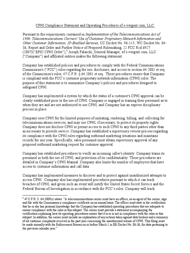 2017-Accompanying Statement Explaining CPNI Procedures PDF | PDF ...