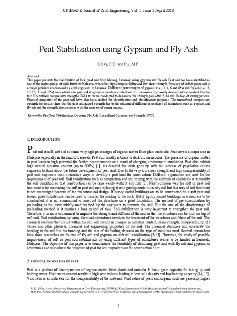 Peat Soil Stabilization Using Gypsum and Fly Ash | PDF | Soil | Fly Ash