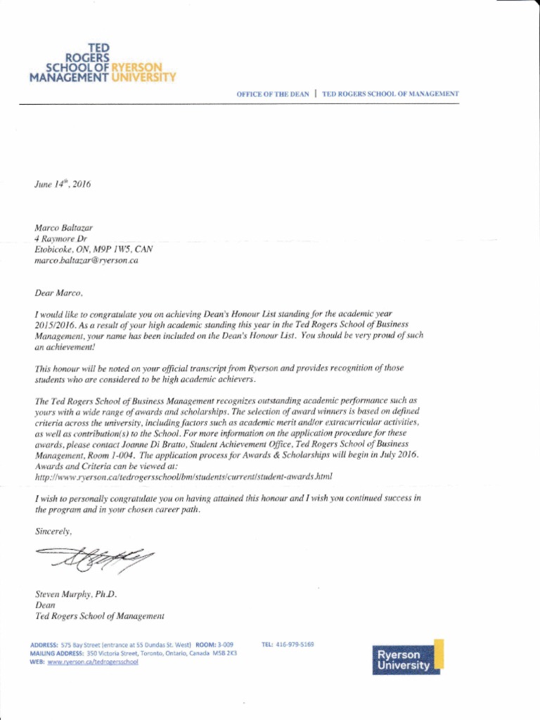 2016 Deans List Letter | PDF