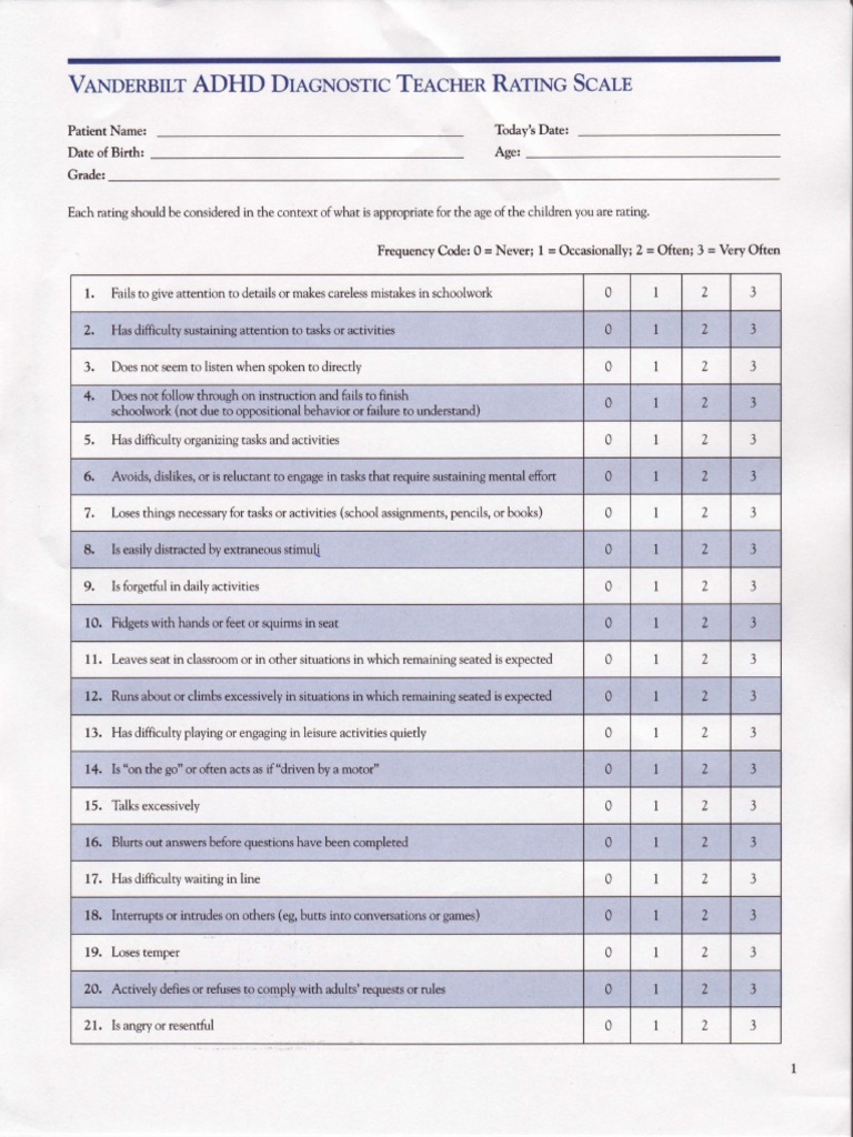 Vanderbilt Adhd Diagnostic Teacher Rating Scale Without Scoring | PDF