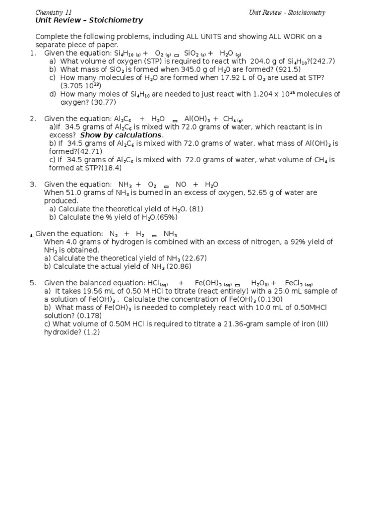 Grade 11 Stoichiometry Review Worksheet | PDF