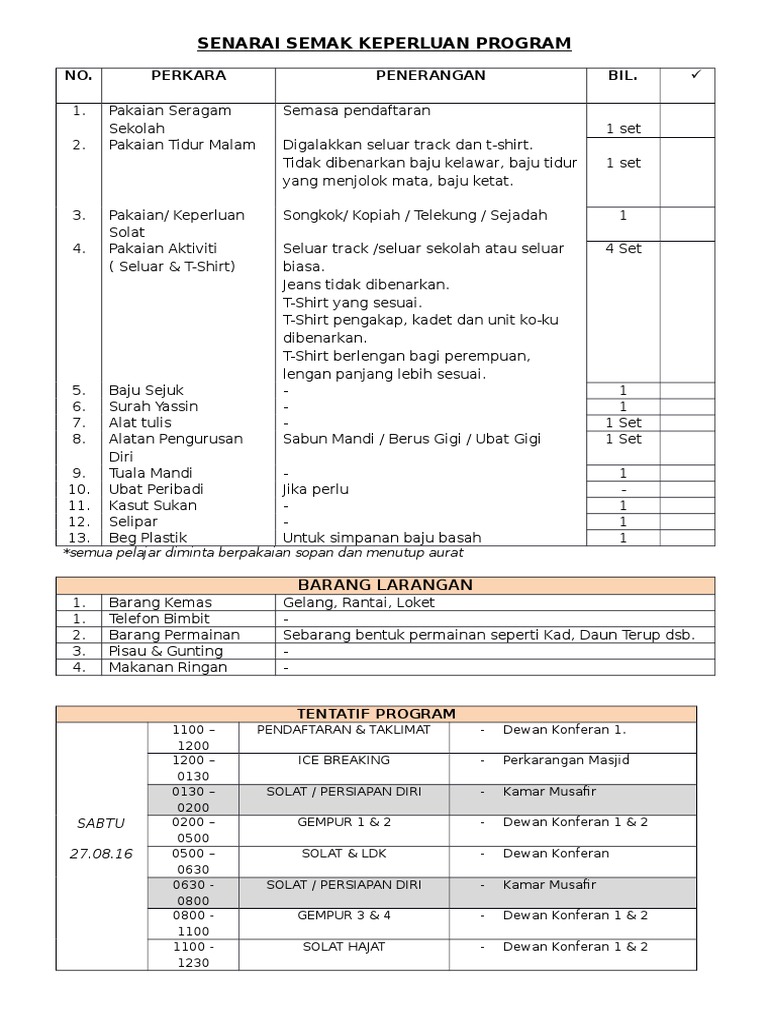 Senarai Semak Keperluan Program | PDF
