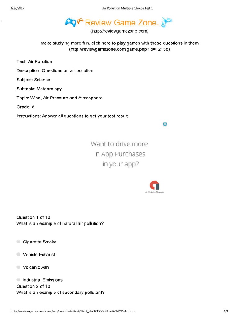 Air Pollution Multiple Choice Test 1 | PDF | Environmental Issues ...