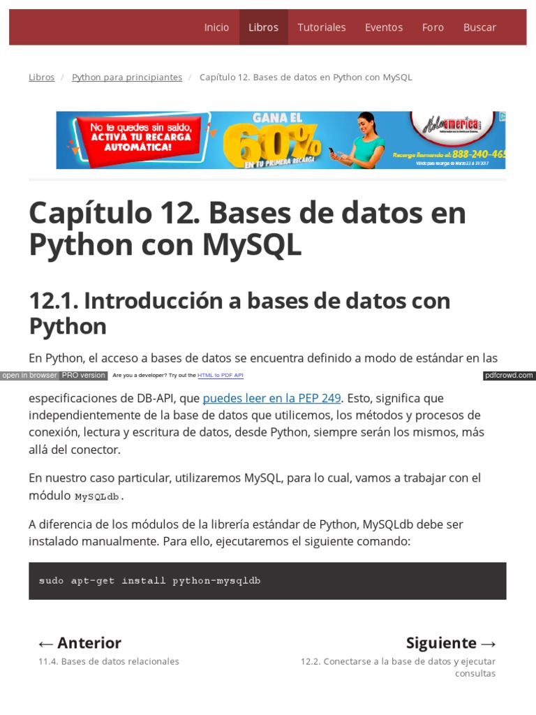 Capítulo 12. Bases de Datos en Python Con MySQL | PDF | Mi sql | Python (lenguaje de programación)