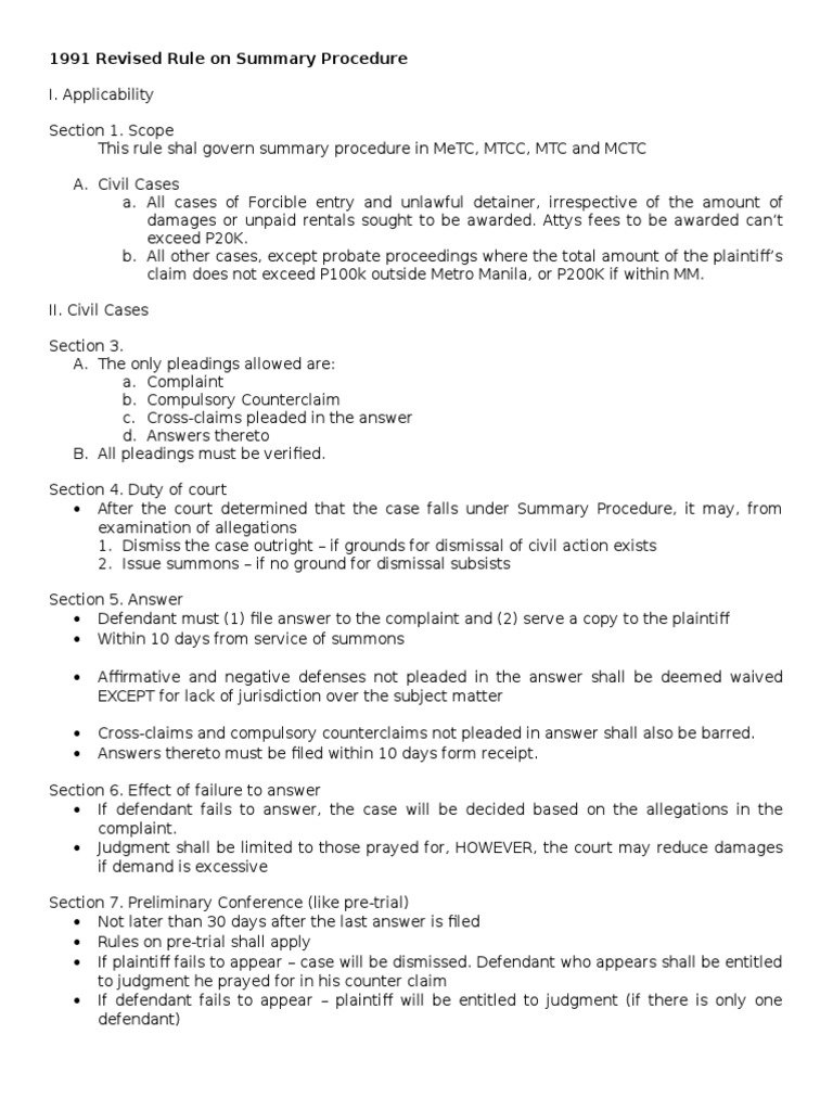 1991 Rules on Summary Procedure Overview | PDF | Lawsuit | Pleading