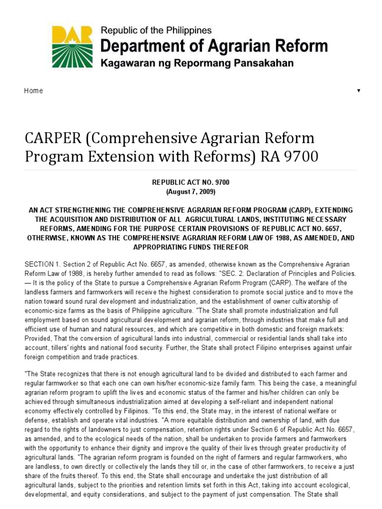 CARPER RA 9700 - Comprehensive Agrarian Reform Program Extension With ...