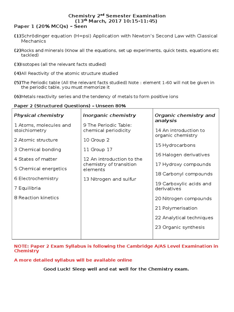 Chemistry 2nd Semester Exam Guide | PDF