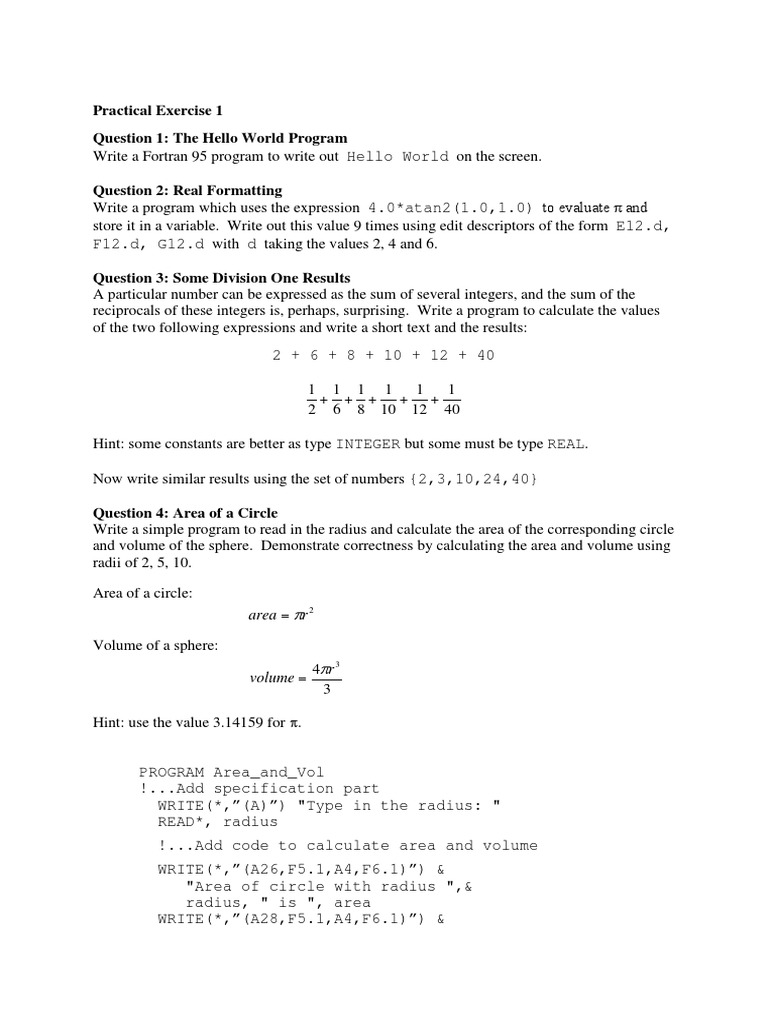 Fortran 95 Programming Exercises | PDF | Subroutine | Matrix (Mathematics)