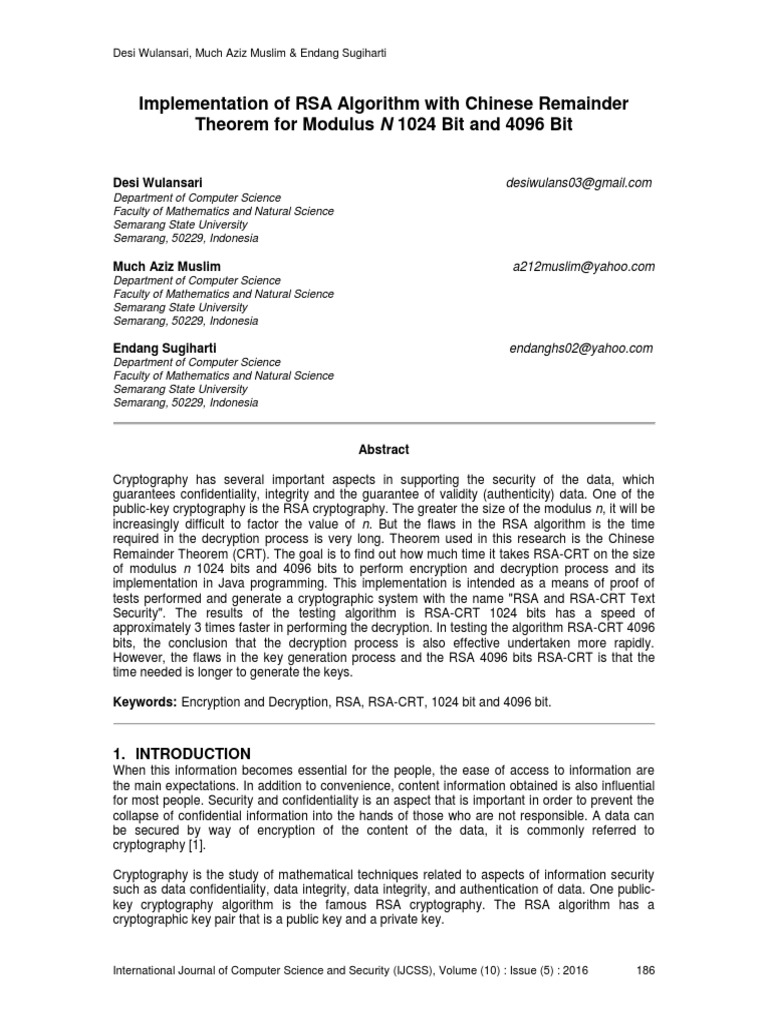 Implementation of RSA Algorithm With Chinese Remainder Theorem For ...