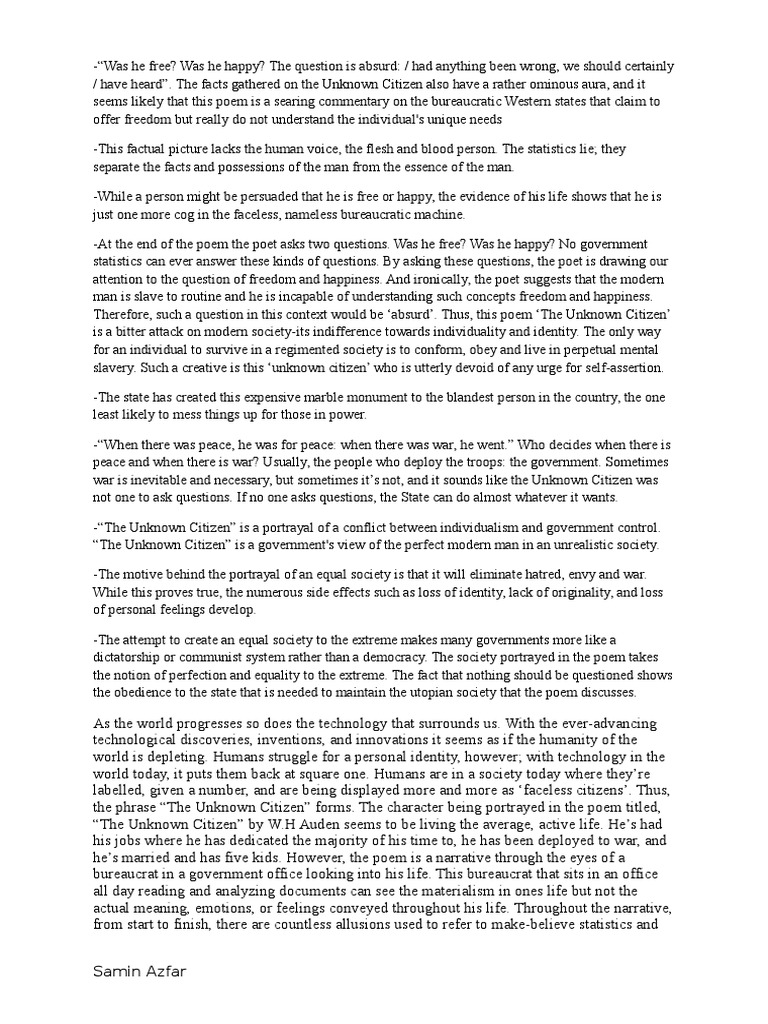 The Unknown Citizen Extended Notes | PDF | Citizenship | Concept