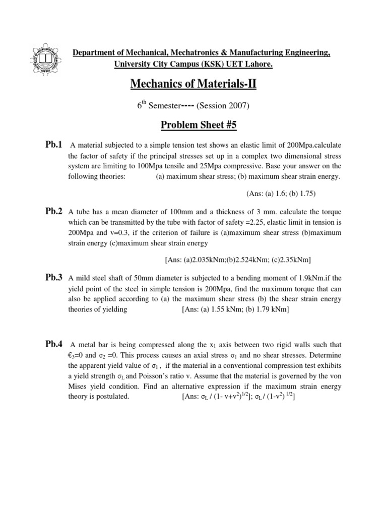 Problem Sheet No 5 | PDF | Yield (Engineering) | Stress (Mechanics)