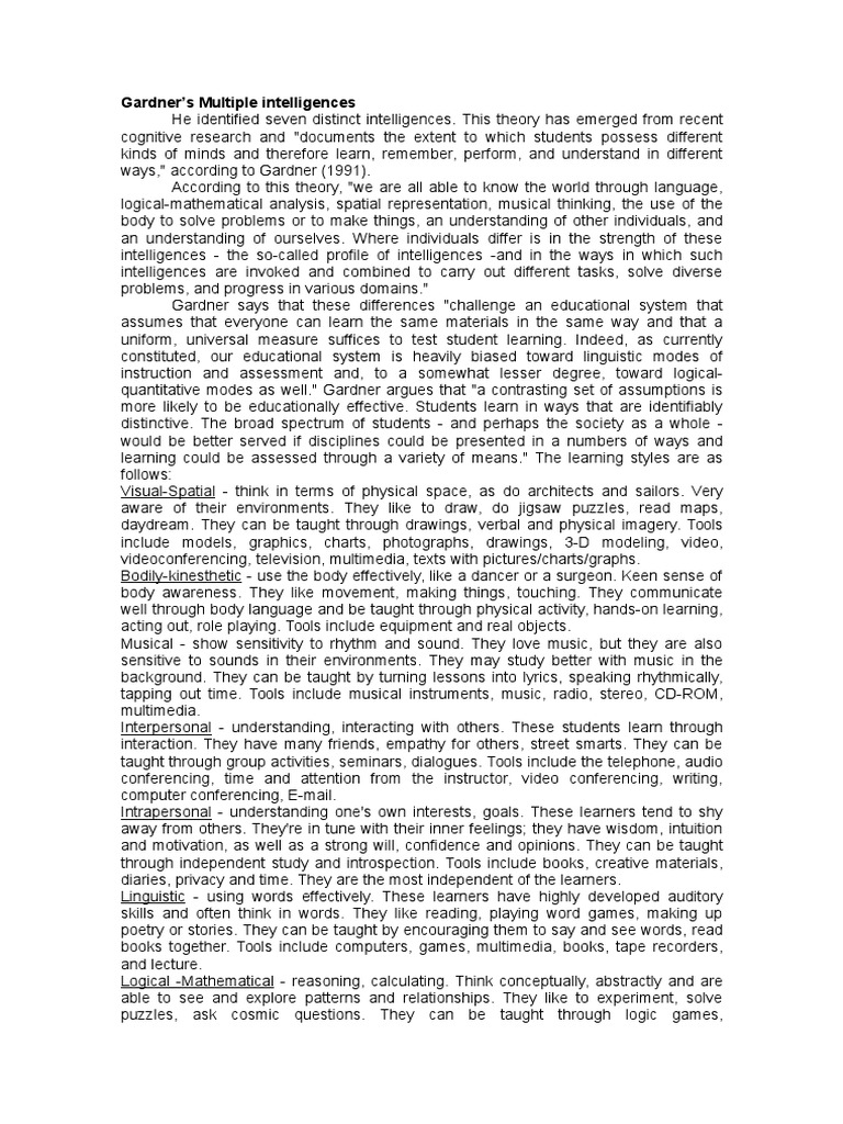Gardner's Multiple Intelligences | PDF | Intelligence | Learning Styles