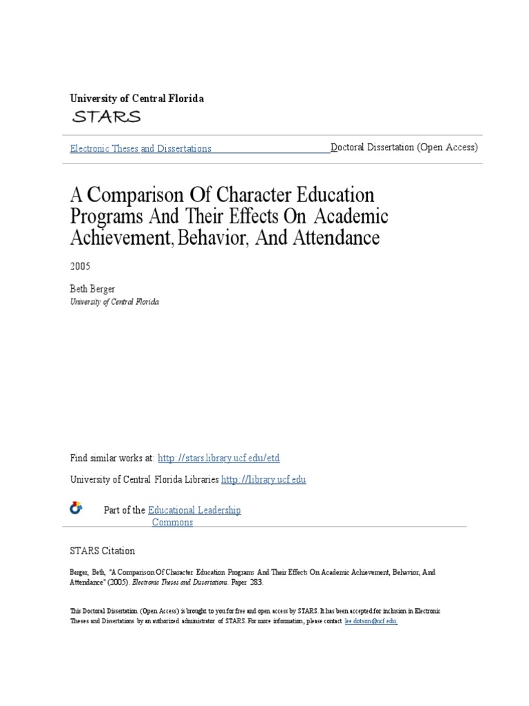A Comparison of Character Education Programs and Their Effects On ...