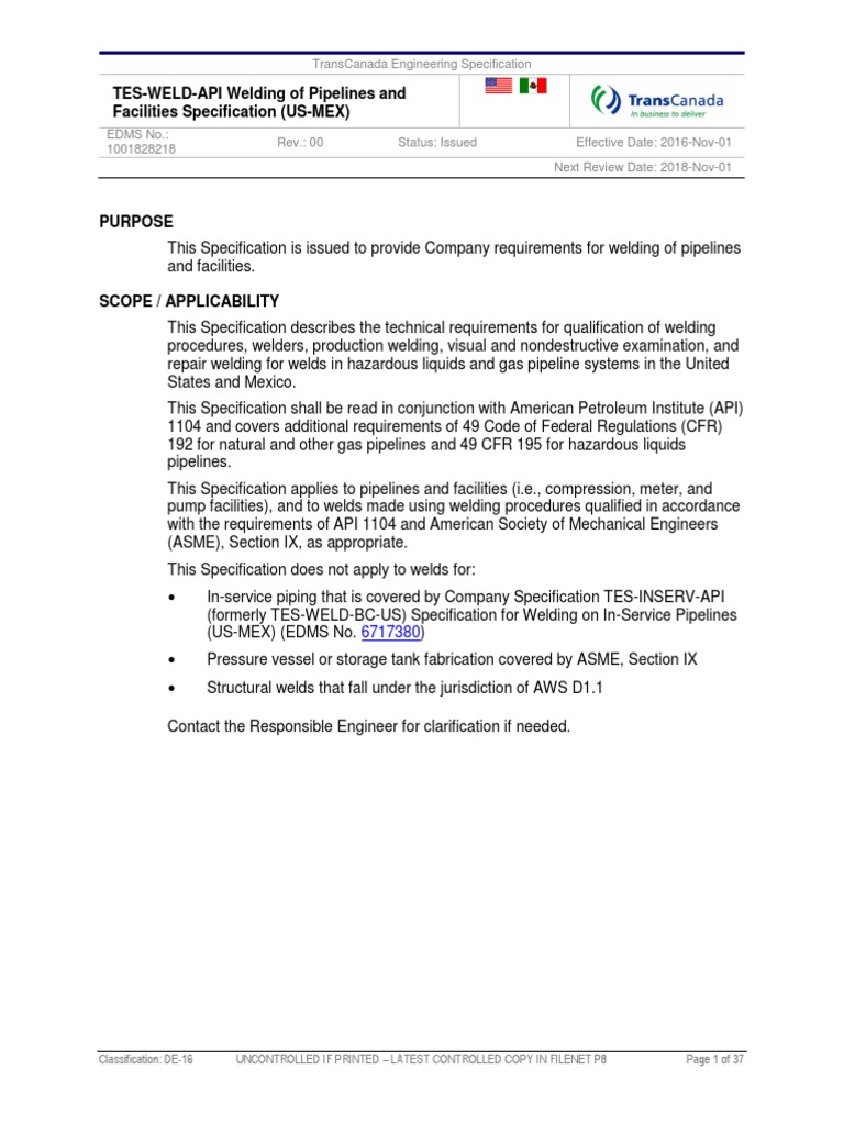 TES-WELD-API - Welding of Pipelines and Facilities Specification | PDF ...